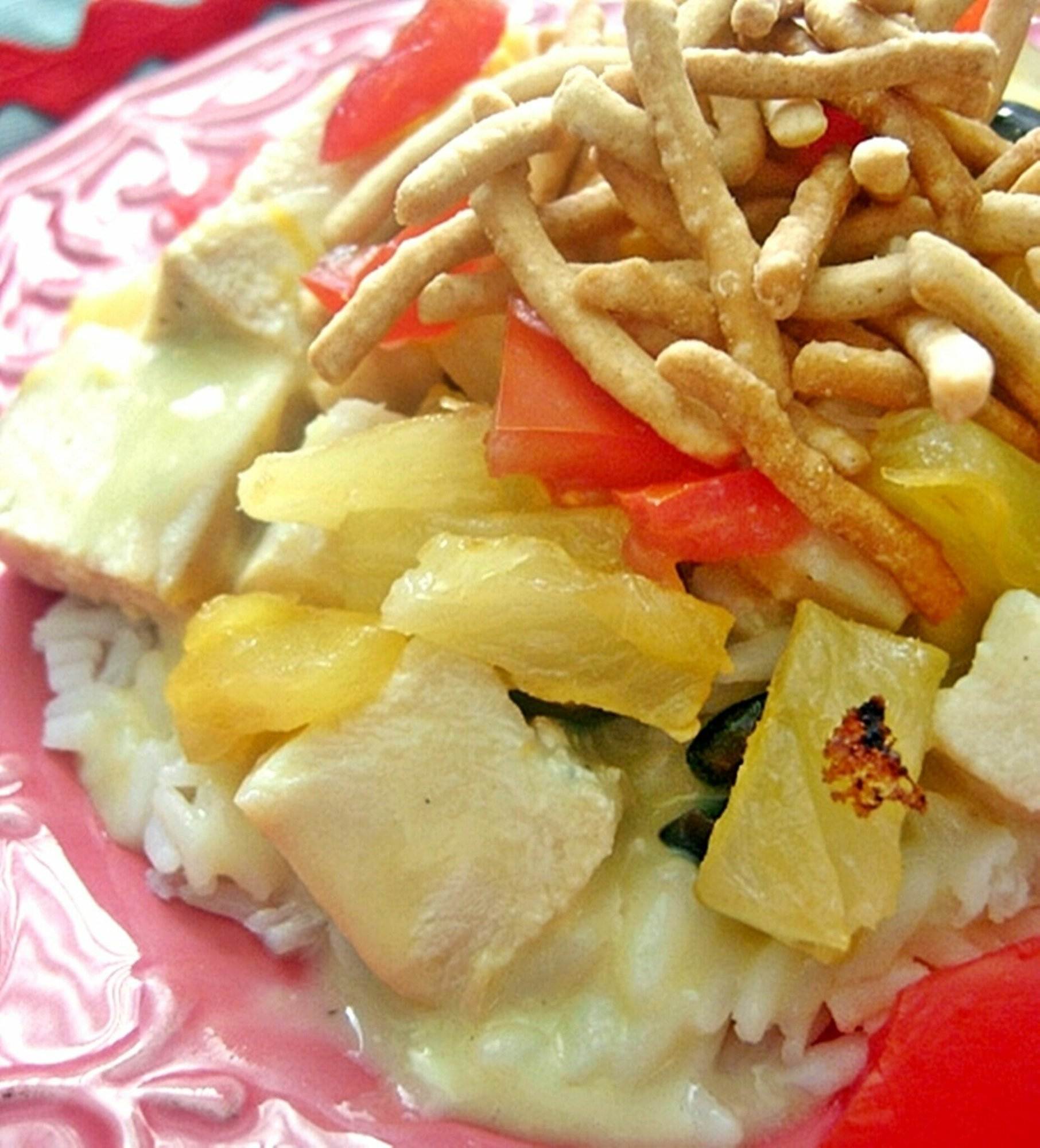 Tropical Coconut Pineapple Chicken Haystacks - Jam Hands